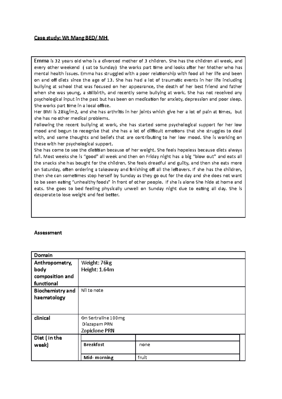 Case study BED MH - Case study: Wt Mang BED/ MH Emma is 32 years old ...