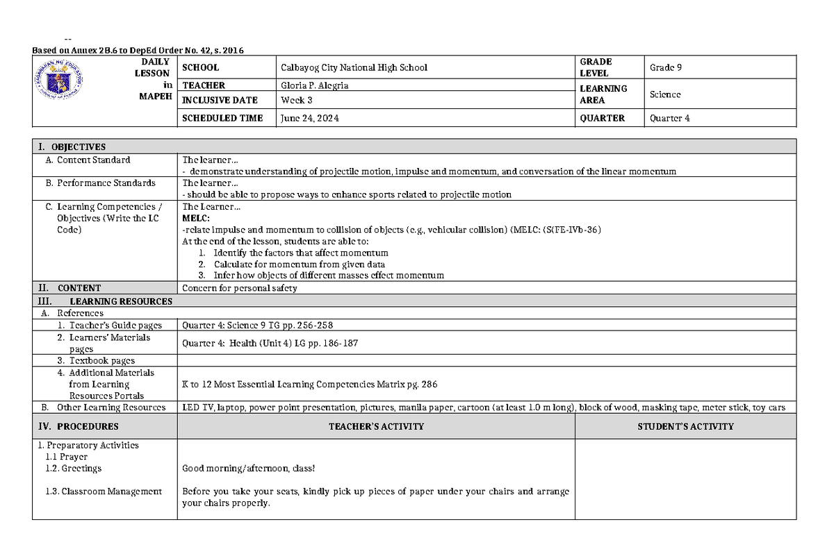 lessonplanfiledemofinal - Based on Annex 2B to DepEd Order No. 42, s ...