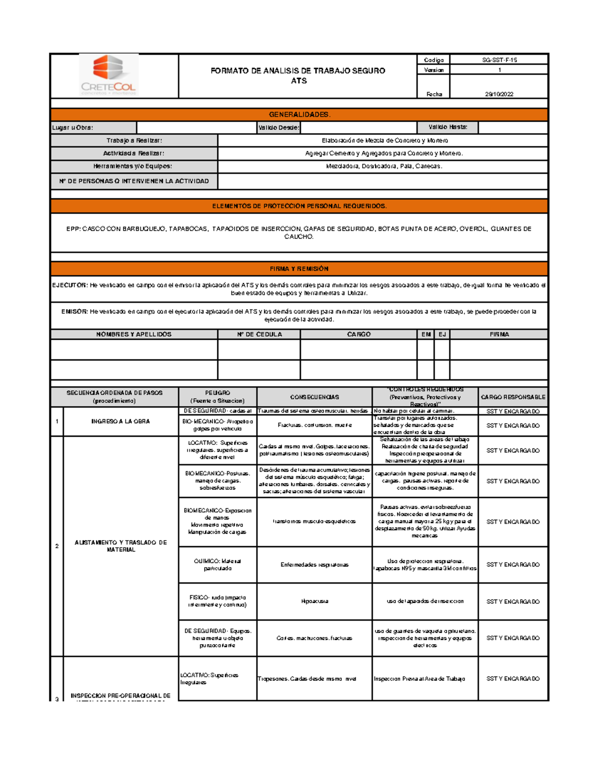 SG-SST-F-15 ATS Elaboracion DE Mezcla DE Concreto y Mortero - Lugar u ...