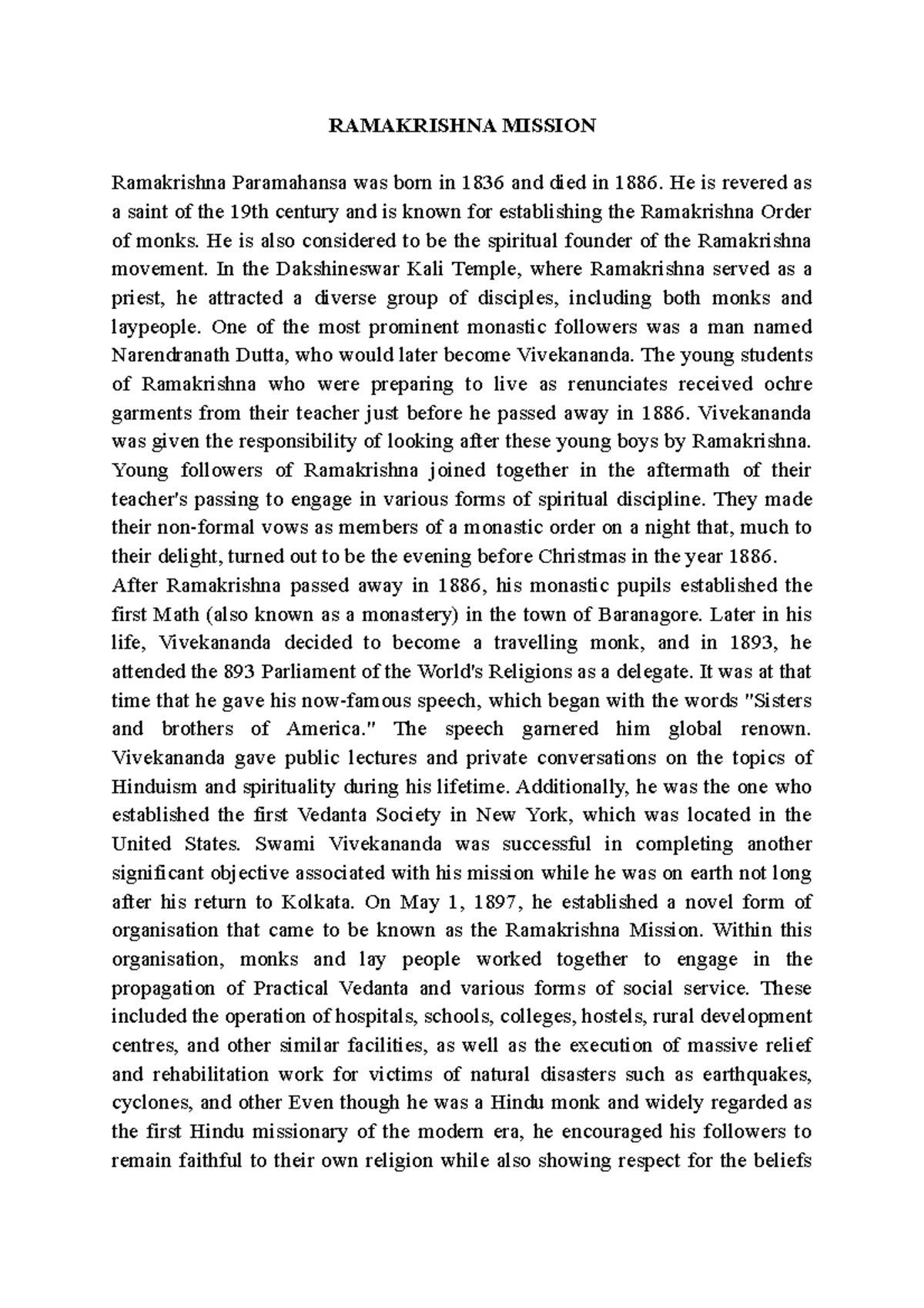 Ramakrishna Mission - RAMAKRISHNA MISSION Ramakrishna Paramahansa was ...