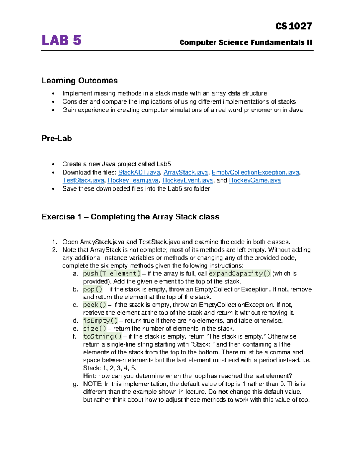 Lab5 - Lab 5 - LAB 5 Computer Science Fundamentals II Learning Outcomes ...