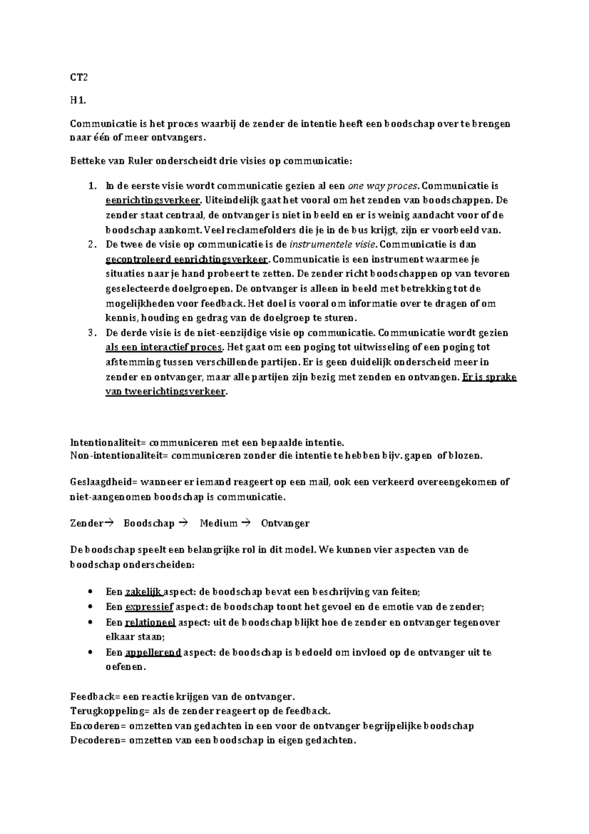 Samenvatting Communicatietheorie - CT H1. Communicatie is het proces ...