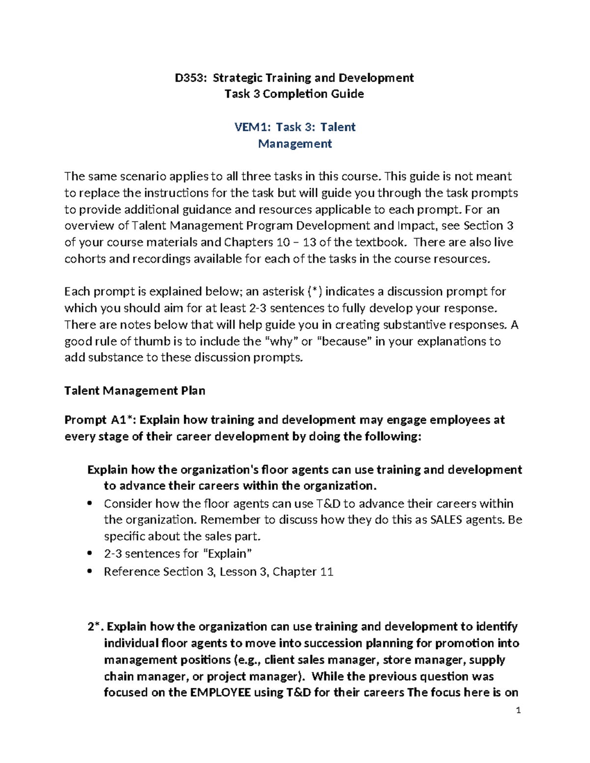 Task 3 Guide - 1 D353: Strategic Training and Development Task 3 ...