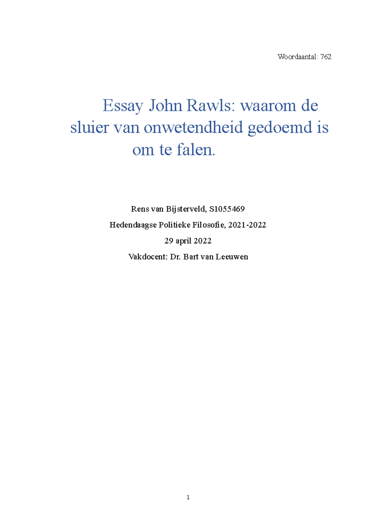 Essay John Rawls Rens van Bijsterveld s1055469 Hedendaagse Politieke ...