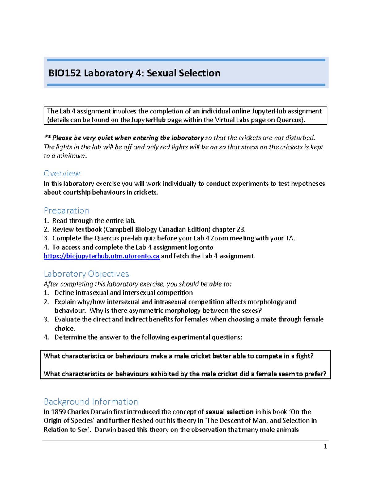 BIO152H5F 2020 Lab 4 Sexual Selection Outline - _ Please be very quiet ...