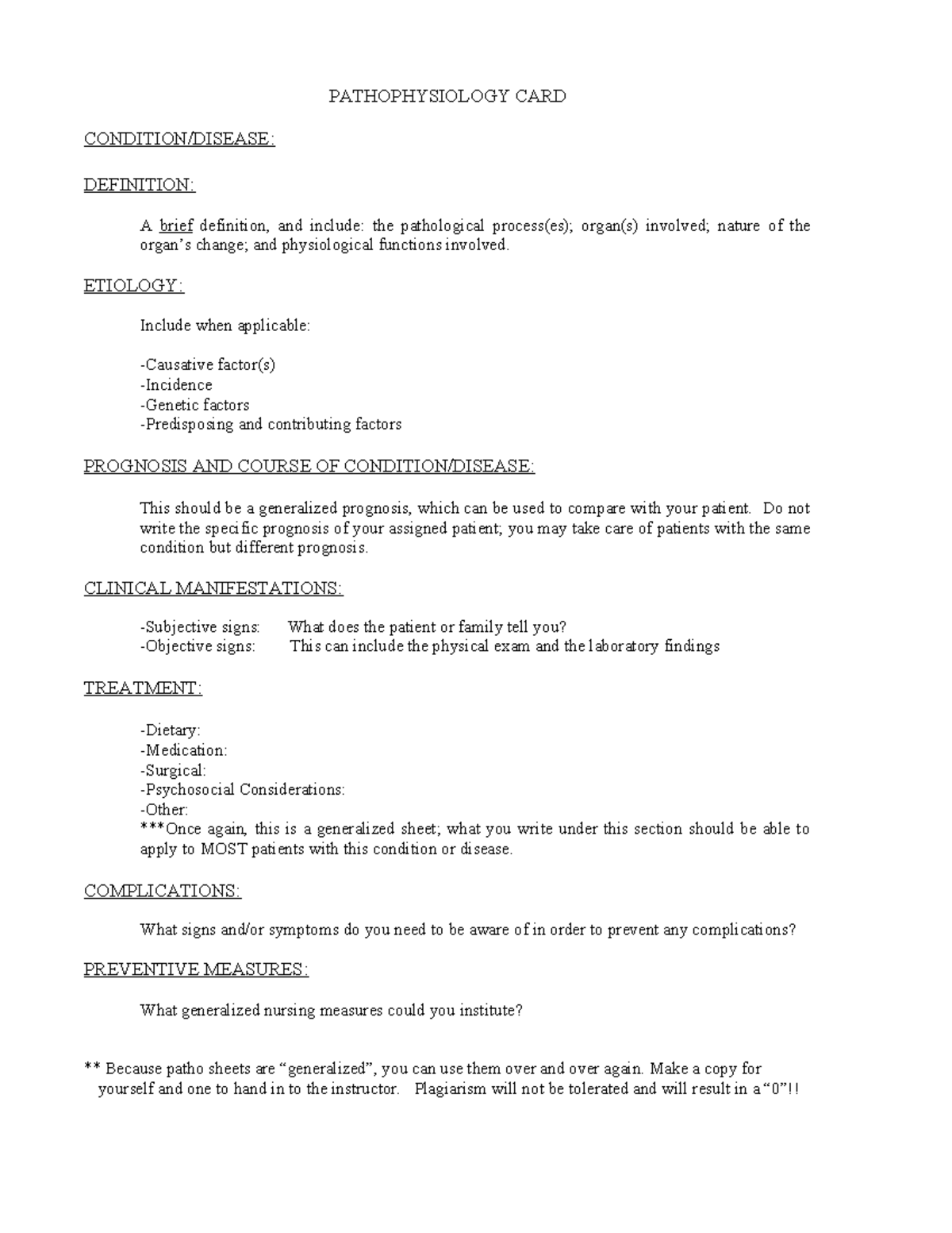 Pathophysiology CARD - content - PATHOPHYSIOLOGY CARD CONDITION/DISEASE: DEFINITION: A brief ...