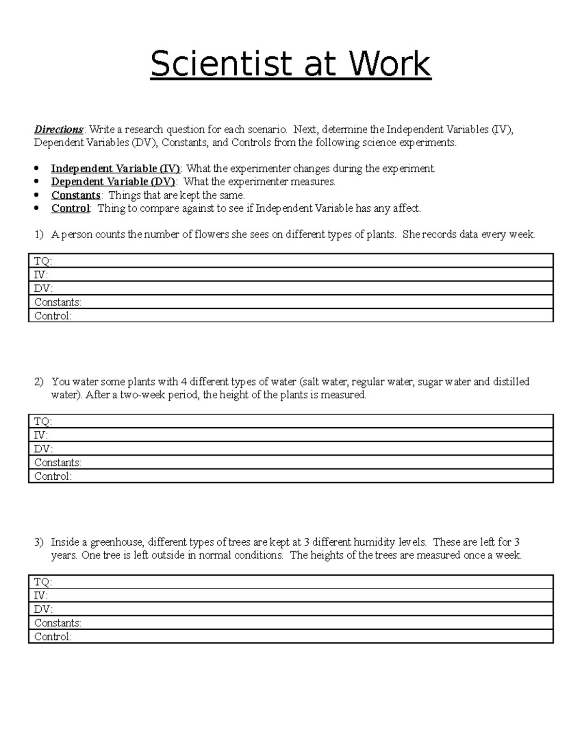 Experimental variables worksheet - Scientist at Work Directions: Write ...