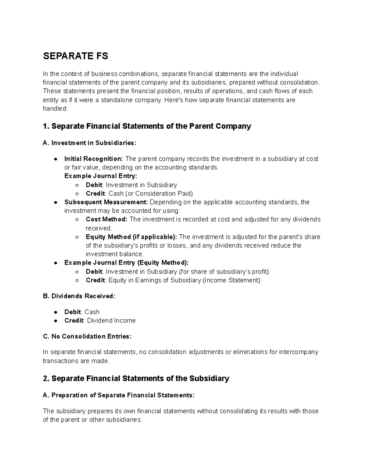 Separate FS - notes - SEPARATE FS In the context of business ...