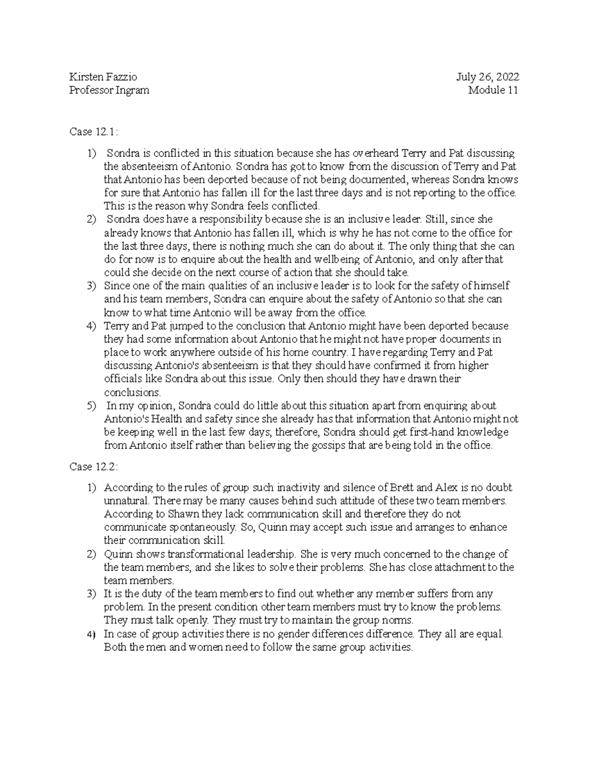 Module 11 - Case 12.1 and 12.2 - Kirsten Fazzio July 26, 2022 Professor ...