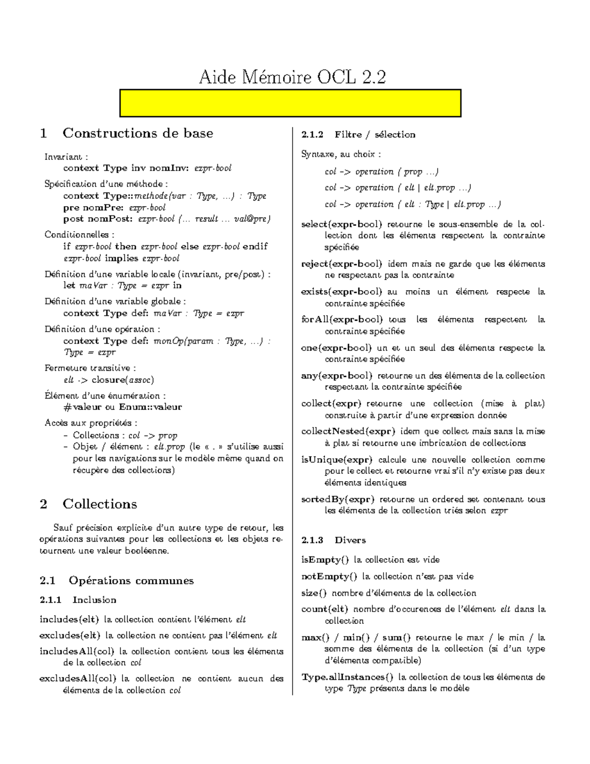 06 - Cours et exercices de UML - Aide M ́emoire OCL 2. Eric Cariou ...