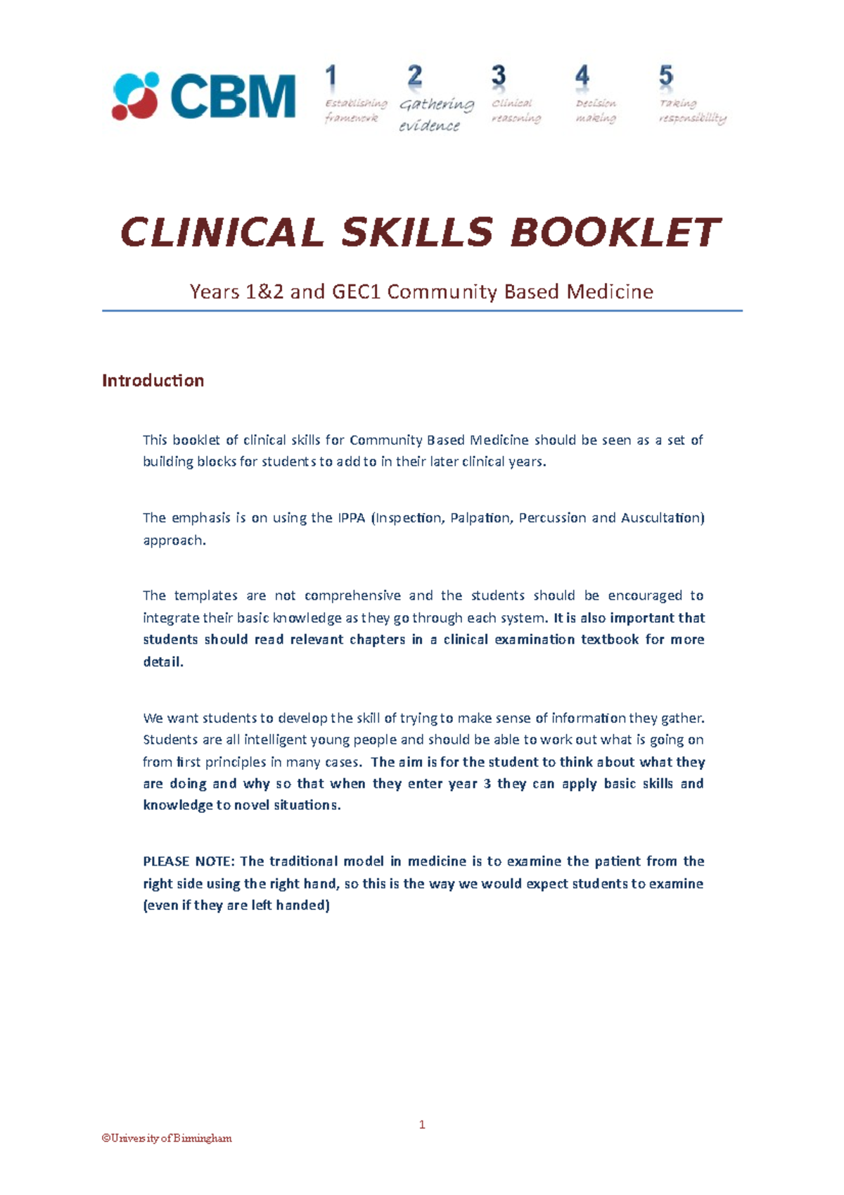 Clinical skills booklet CBM 2022-23 - CLINICAL SKILLS BOOKLET Years 1&2 ...