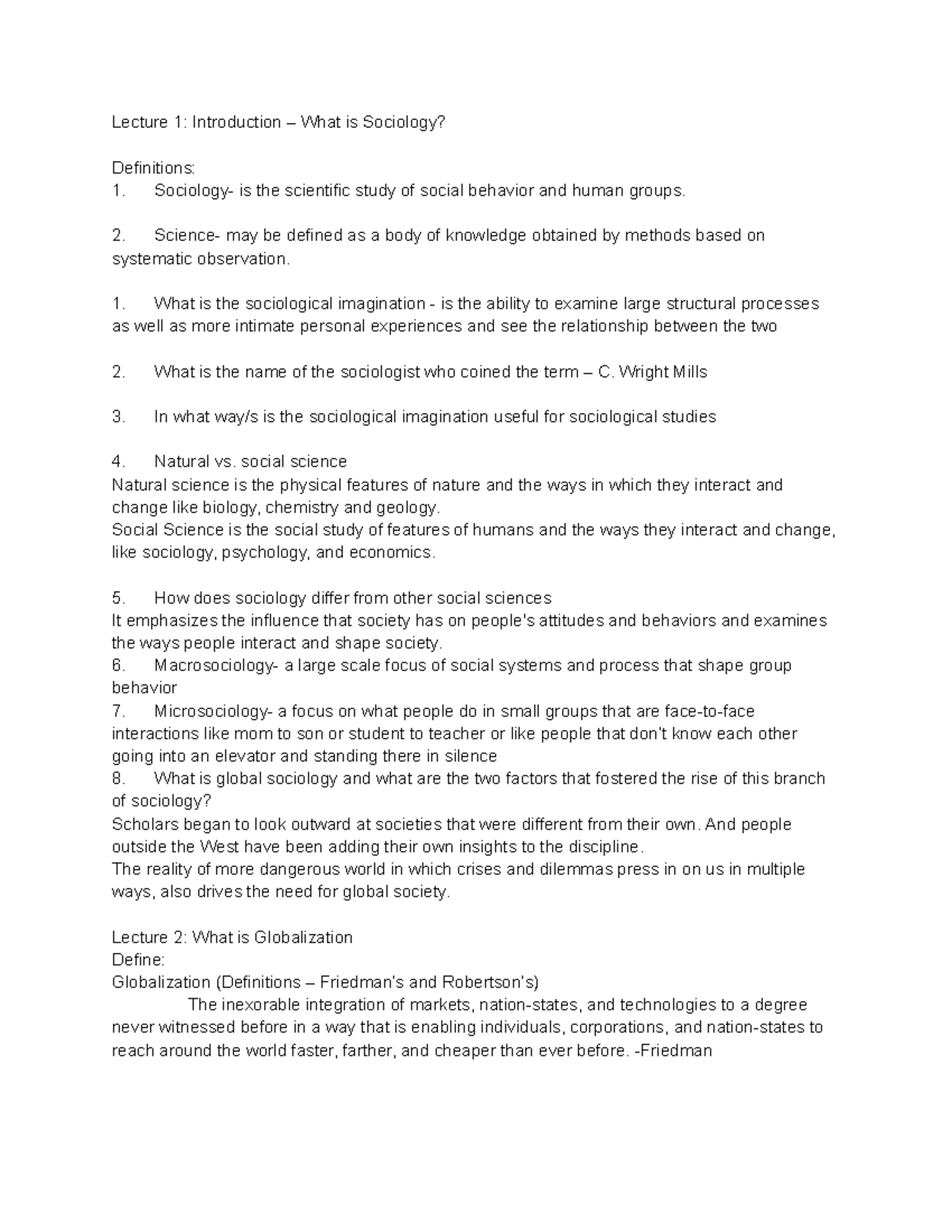 Study guide-2 - Lecture 1: Introduction – What is Sociology ...