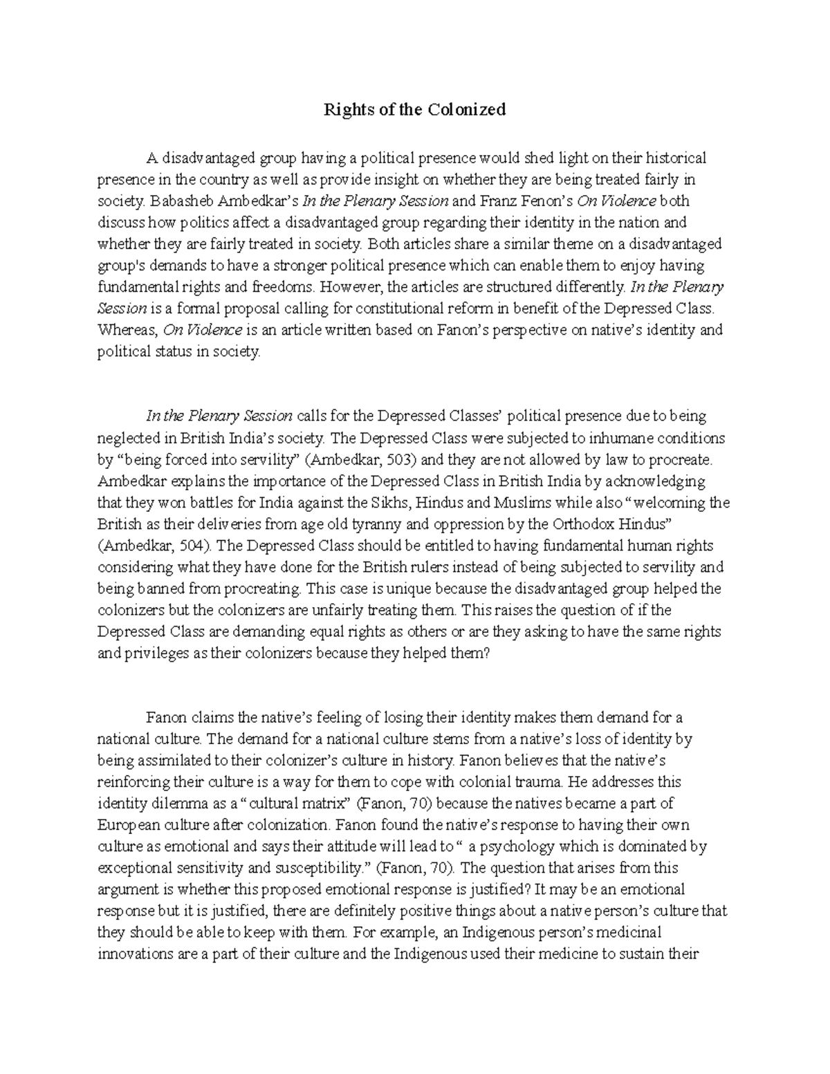 Weekly reflection LAWS2105 A-5 - Rights of the Colonized A ...