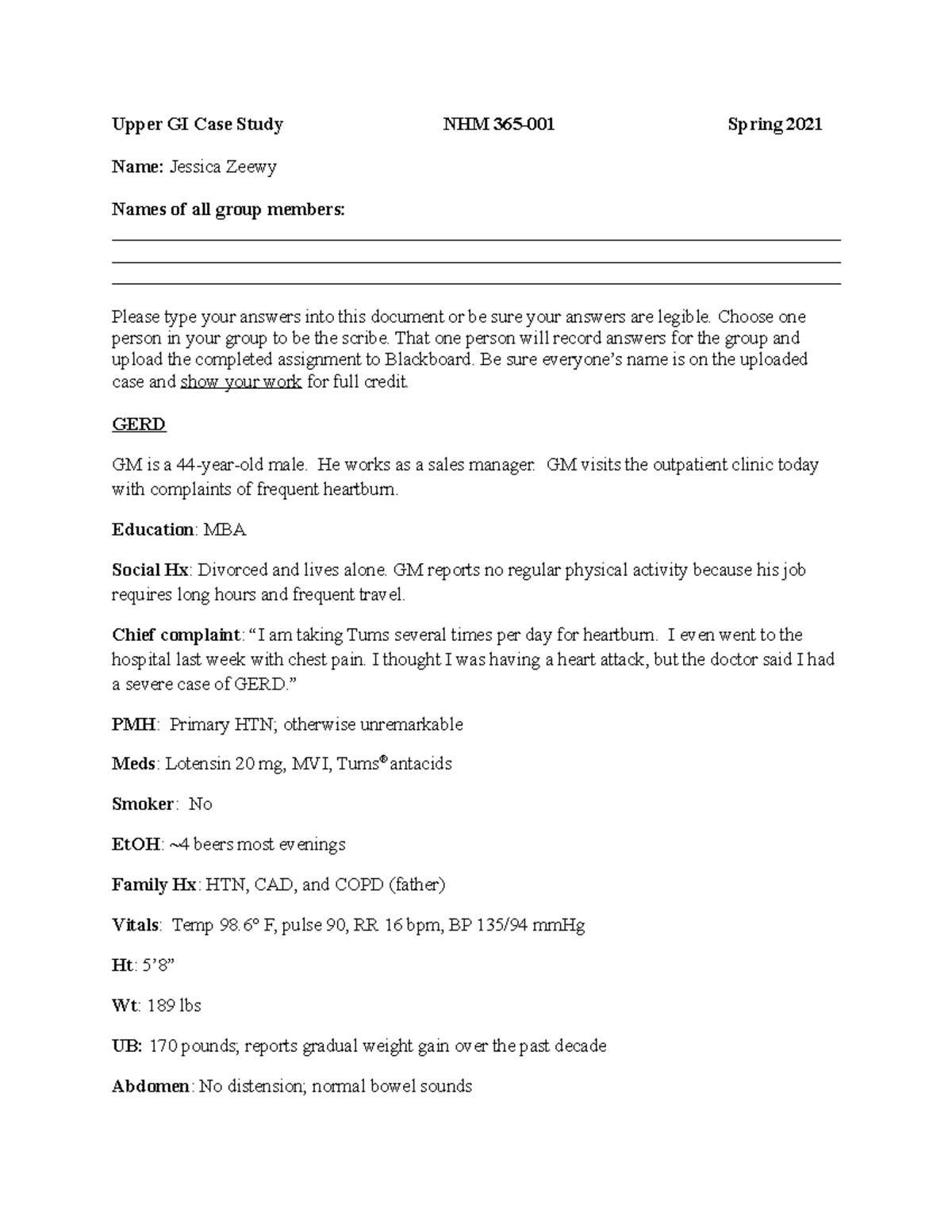 GERD Case Study- NHM 365 - Upper GI Case Study NHM Spring 2021 Name ...