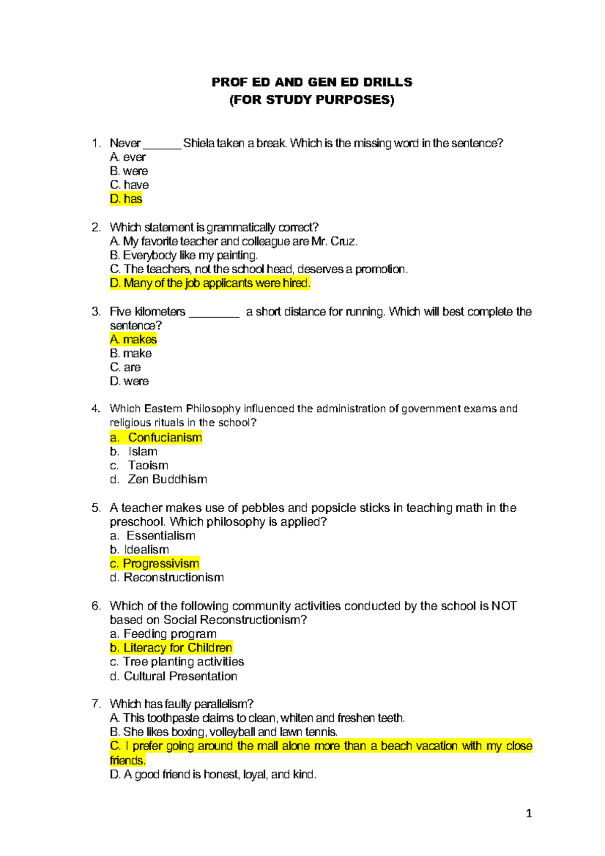 gen ed review materials - PROF ED AND GEN ED DRILLS (FOR STUDY PURPOSES ...