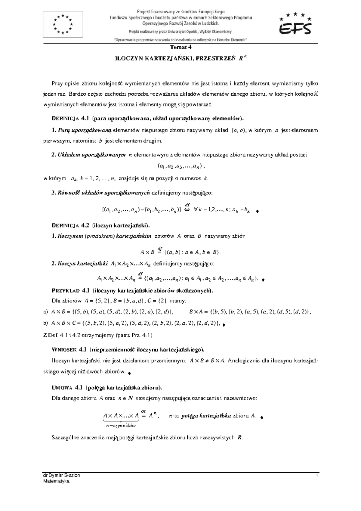 iloczyn kartezjanski i przestrzen R do n - dr Dymitr Słezion 1 ...