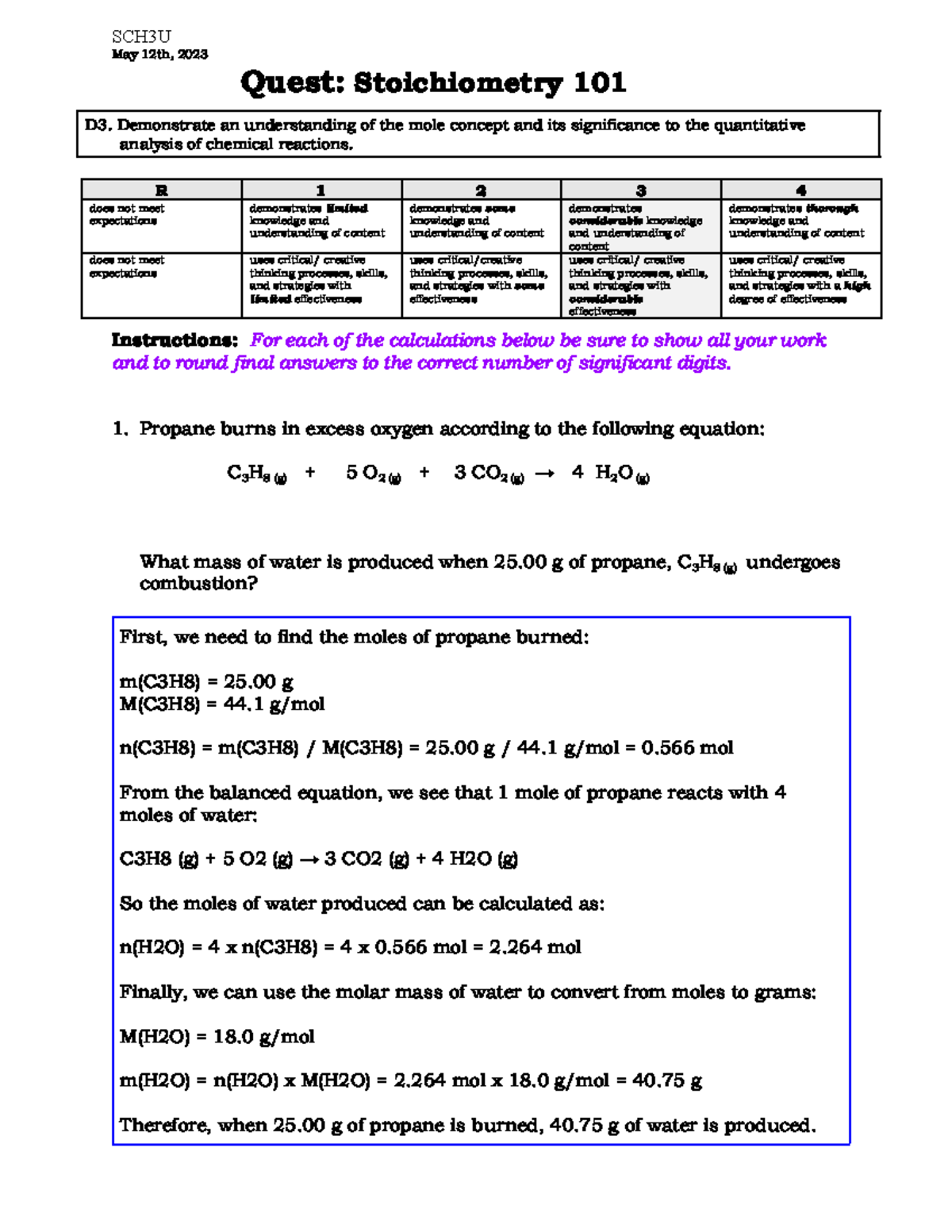 Quest - Stoichiometry 101 OCVS23 ver2 - SCH3U May 12th, 2023 Quest ...