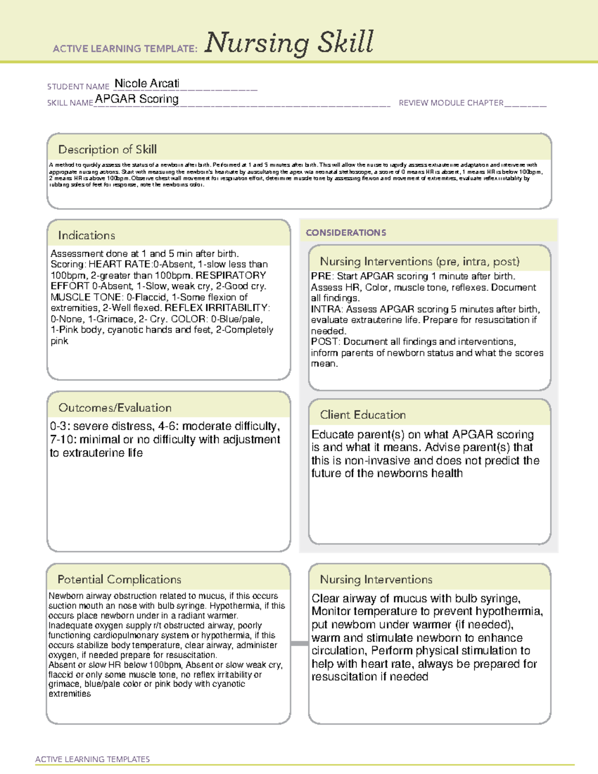 ATI MAT Skill Apgar Scoring ACTIVE LEARNING TEMPLATES Nursing Skill
