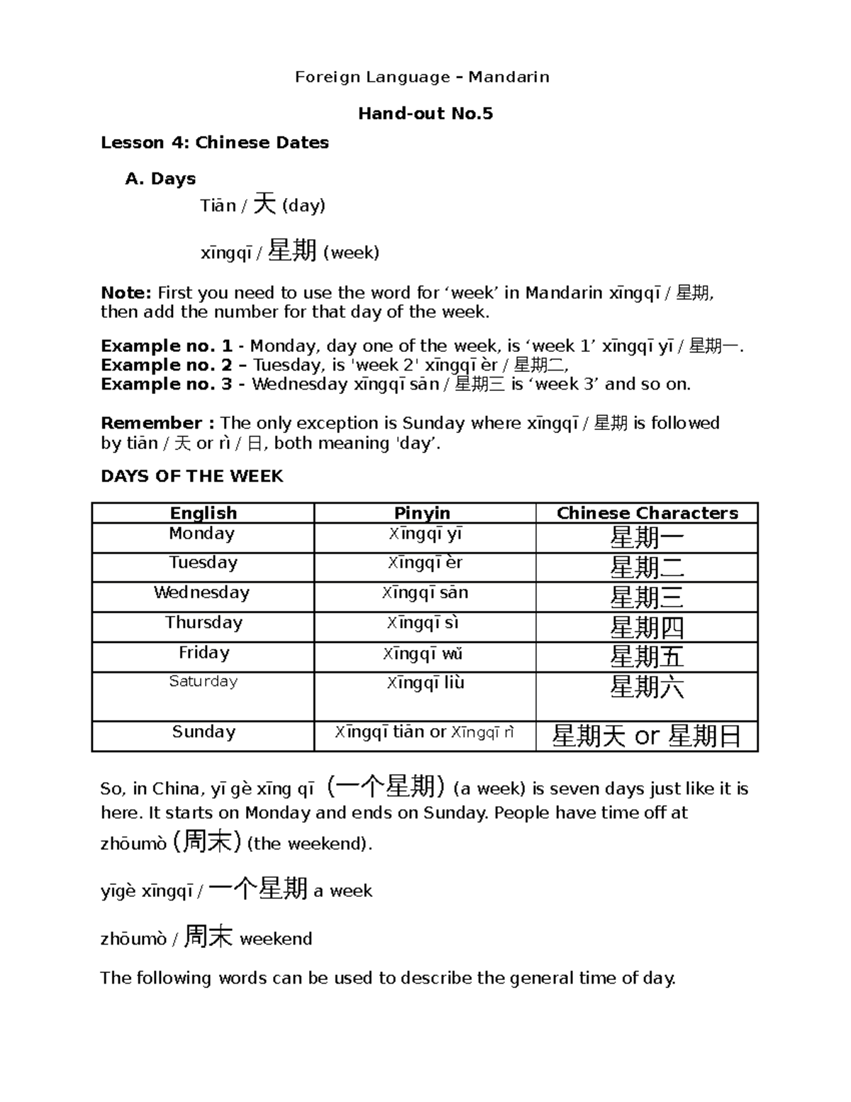 5. Mandarin Chinese Hand-out No. 5 Dates - Hand-out No. Lesson 4 ...