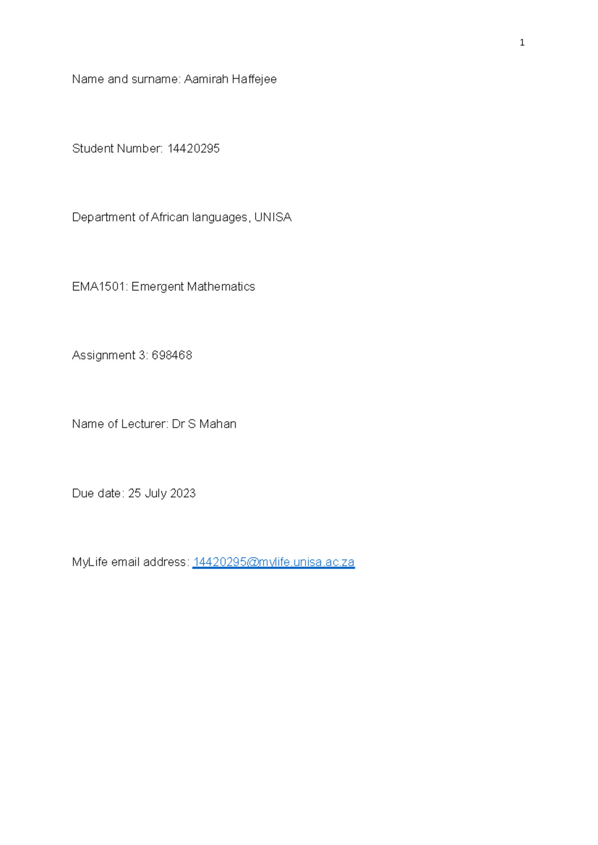 EMA1501- Assignment 3 - Name and surname: Aamirah Haffejee Student Number: 14420295 Department ...