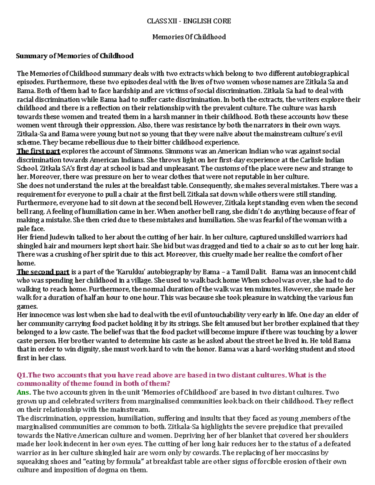 Memories of Chlidhood - Summary - CLASS XII - ENGLISH CORE Memories Of ...