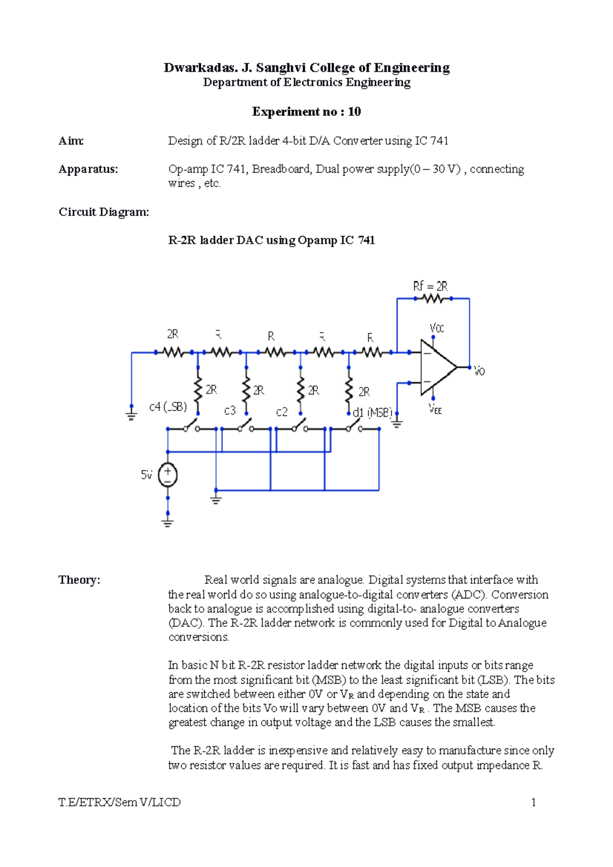 Dac - wrd - Department of Electronics Engineering Experiment no : 10 Aim: Design of R/2R ladder ...