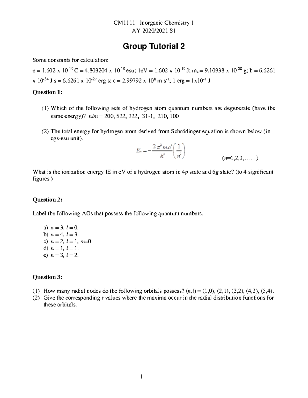 CM1111 Group Tutorial 2 Questions - CM1111 Inorganic Chemistry 1 AY ...