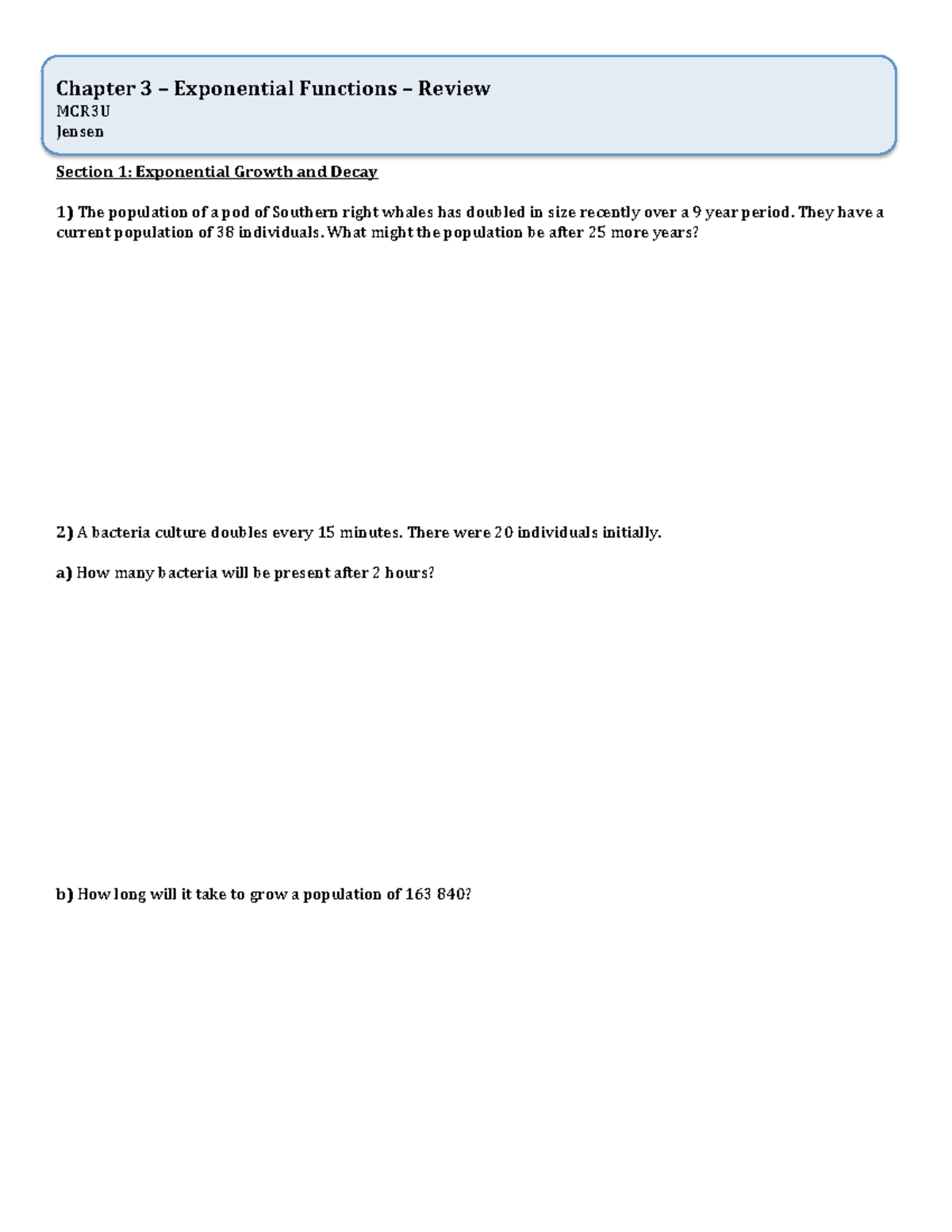 Chapter 3 Exponential Functions Review Chapter 3 Exponential Functions Review Mcr3u Jensen