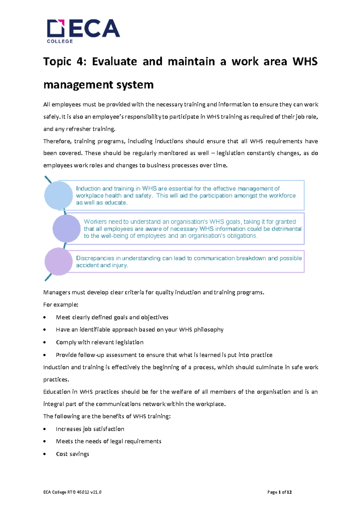 Topic 4- Evaluate and maintain a work area WHS management system ...