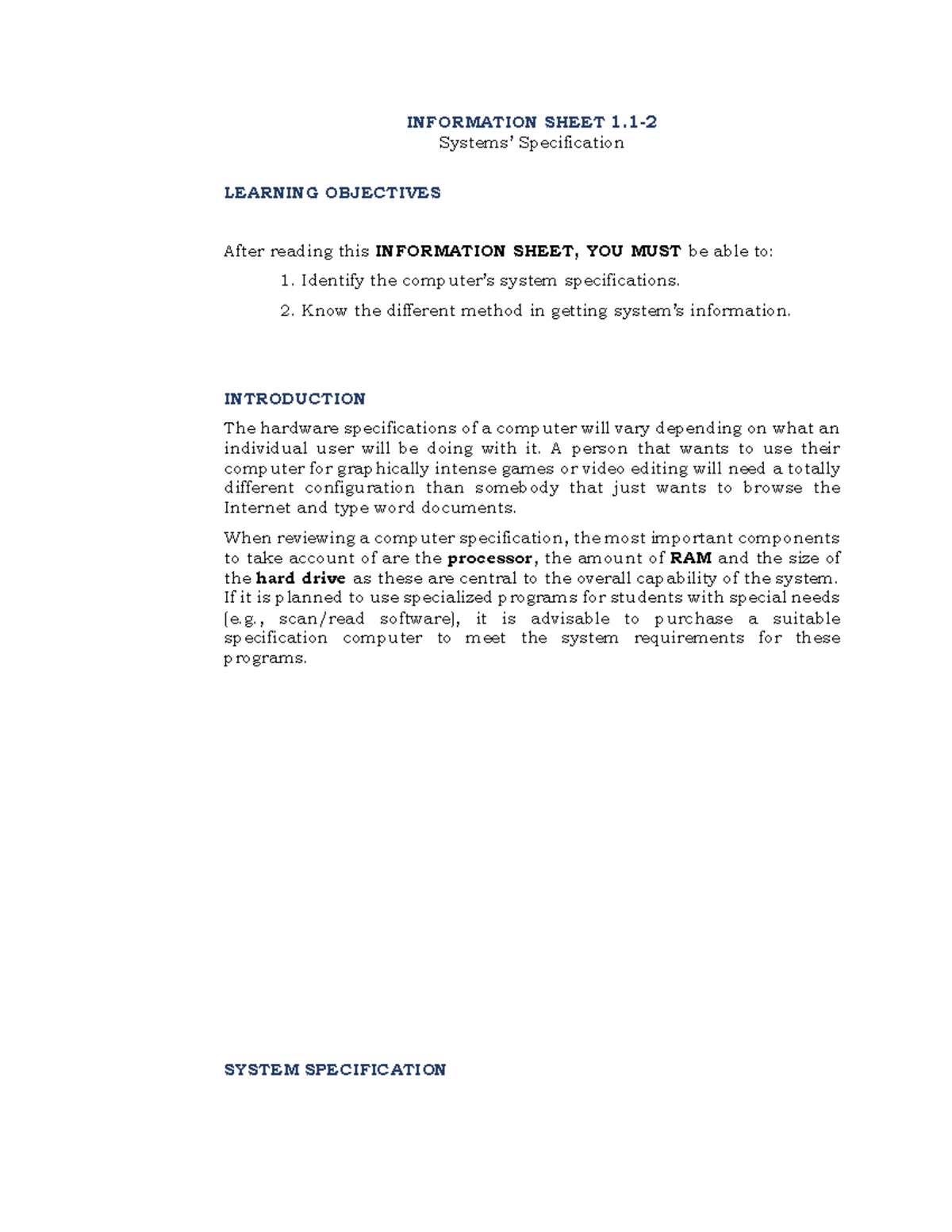 1.1-2 System Specification - INFORMATION SHEET 1- 2 Systems ...