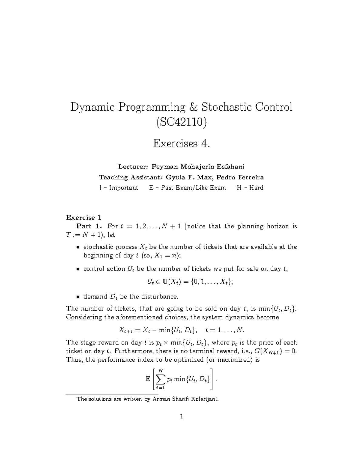 Sol-04 - Solutions to the exercises of the fourth tutorial session - Dynamic Programming ...