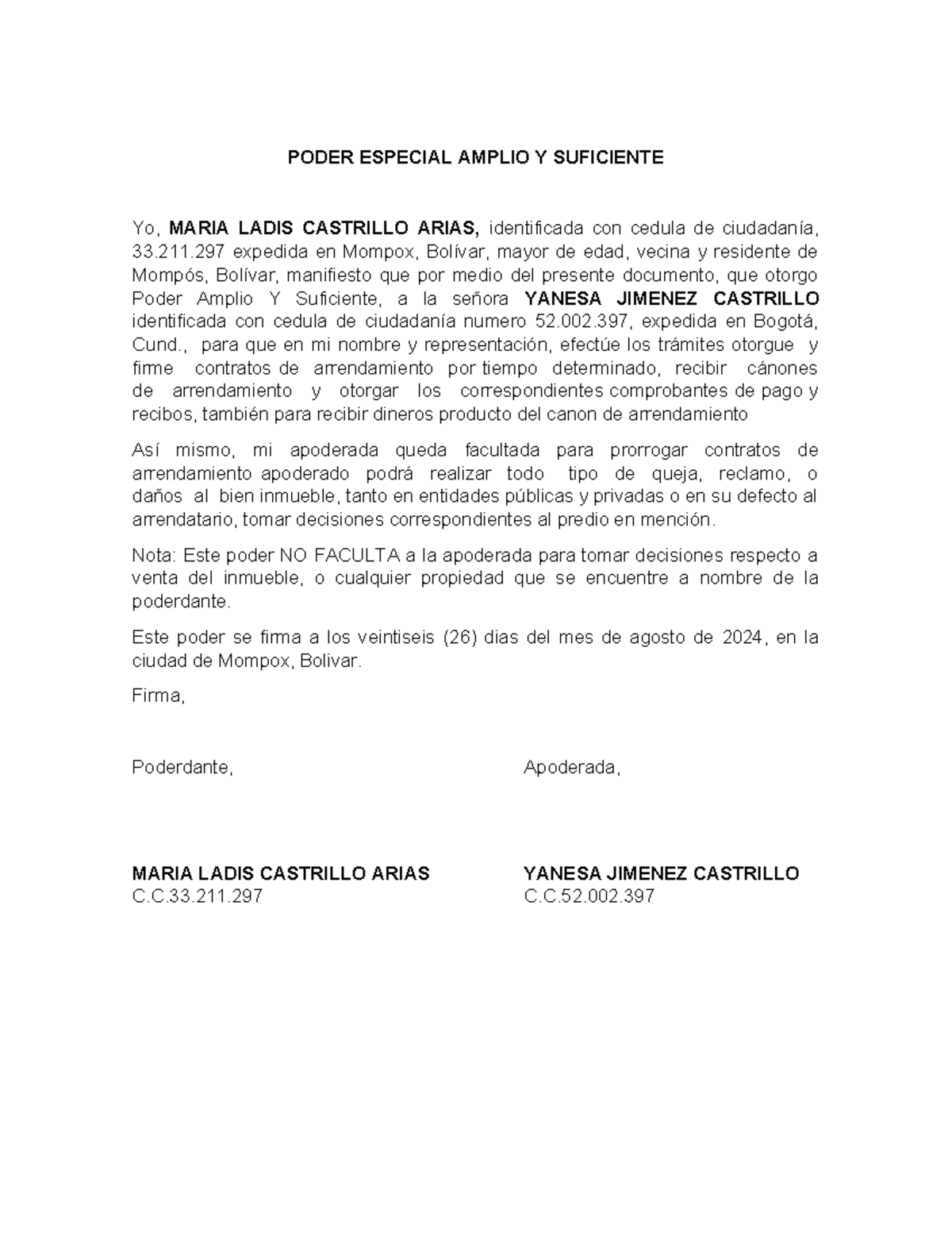 Poder Especial Amplio Y Suficiente ladis y yanesa - PODER ESPECIAL ...