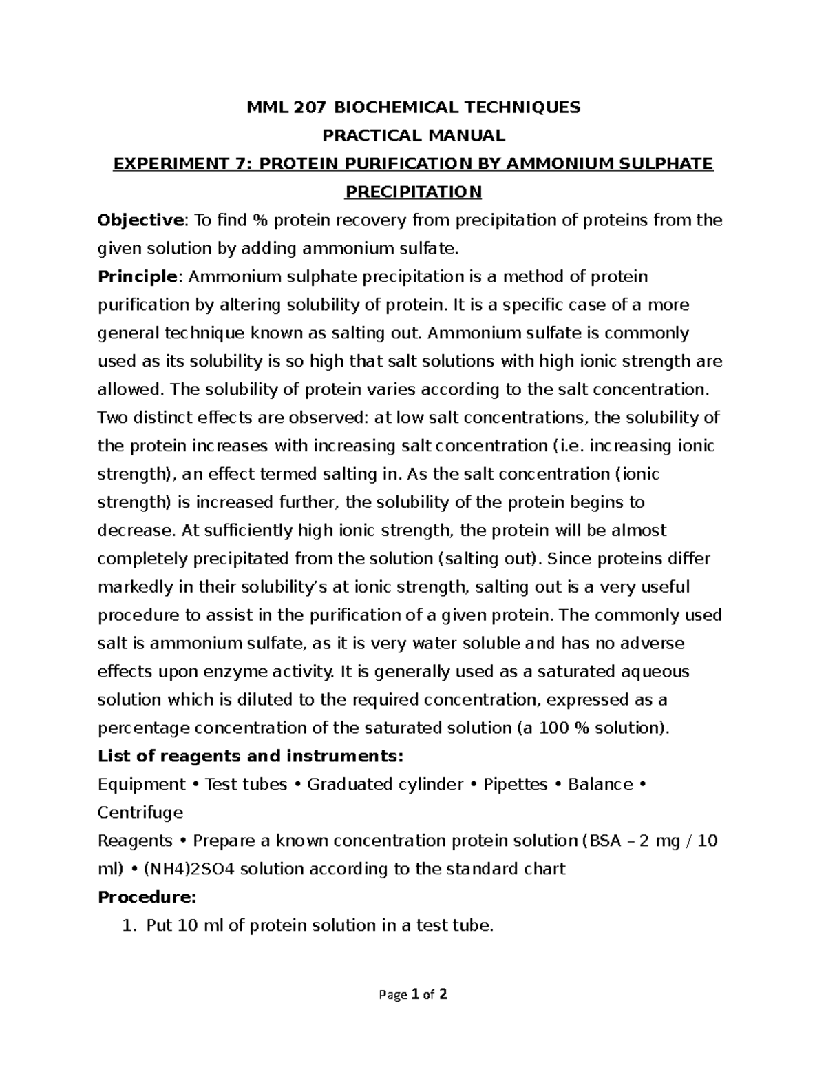 MML 207 Experiment 7 Protein purification by ammonium sulfate ...