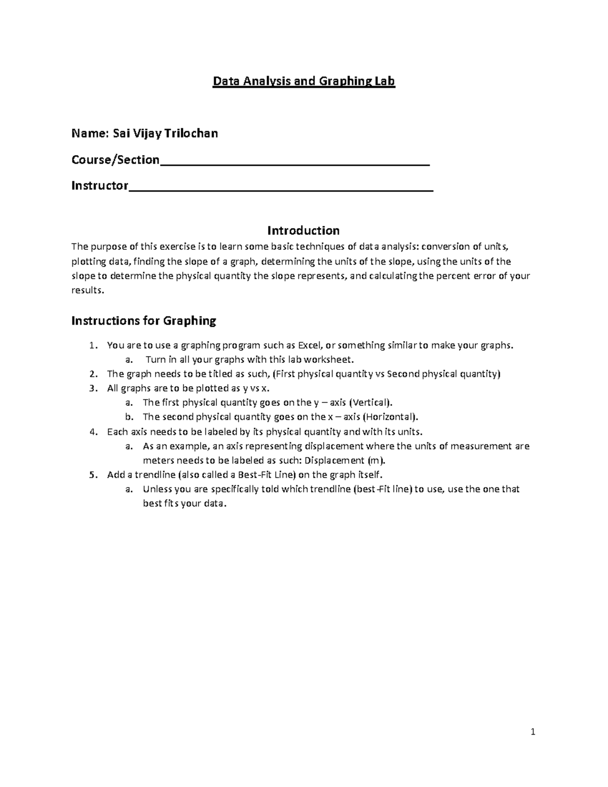 Data Analysis and Graphing online - Data Analysis and Graphing Lab Name ...