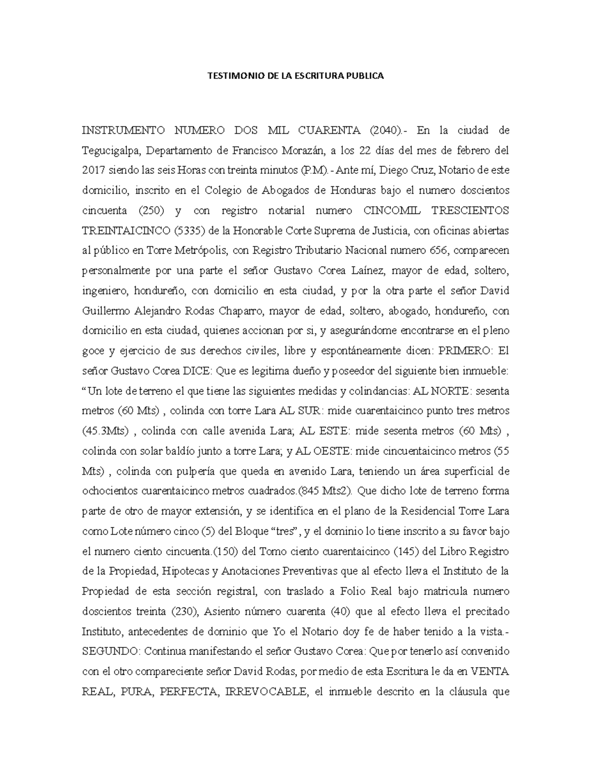 Escritura Publica Compraventa DE BIEN Inmueble - TESTIMONIO DE LA ...