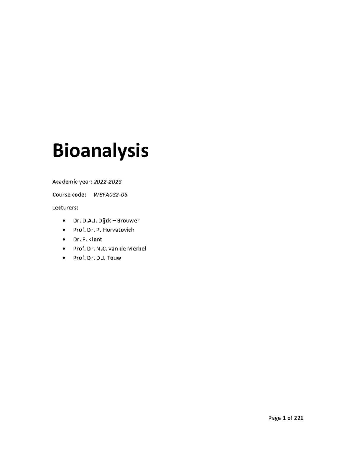 Reader BA 2022-2023 Final - Bioanalysis Academic year: 2022 - 2023 Course code: WBFA 032 - 05 ...