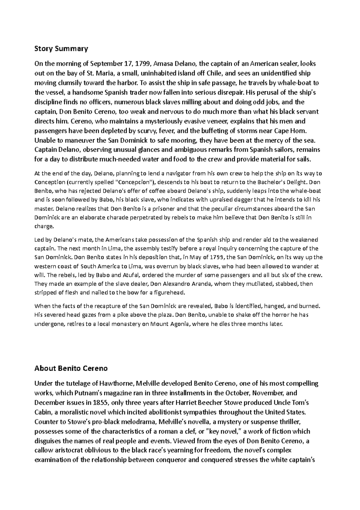 Story Summary - Life and Works of Benito Cereno - Story Summary On the ...