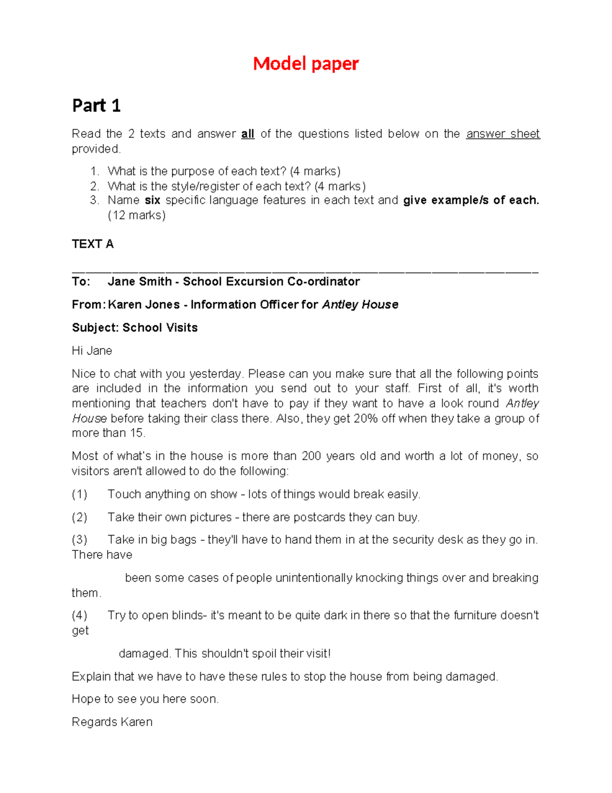 Model paper - Model paper Part 1 Read the 2 texts and answer all of the ...