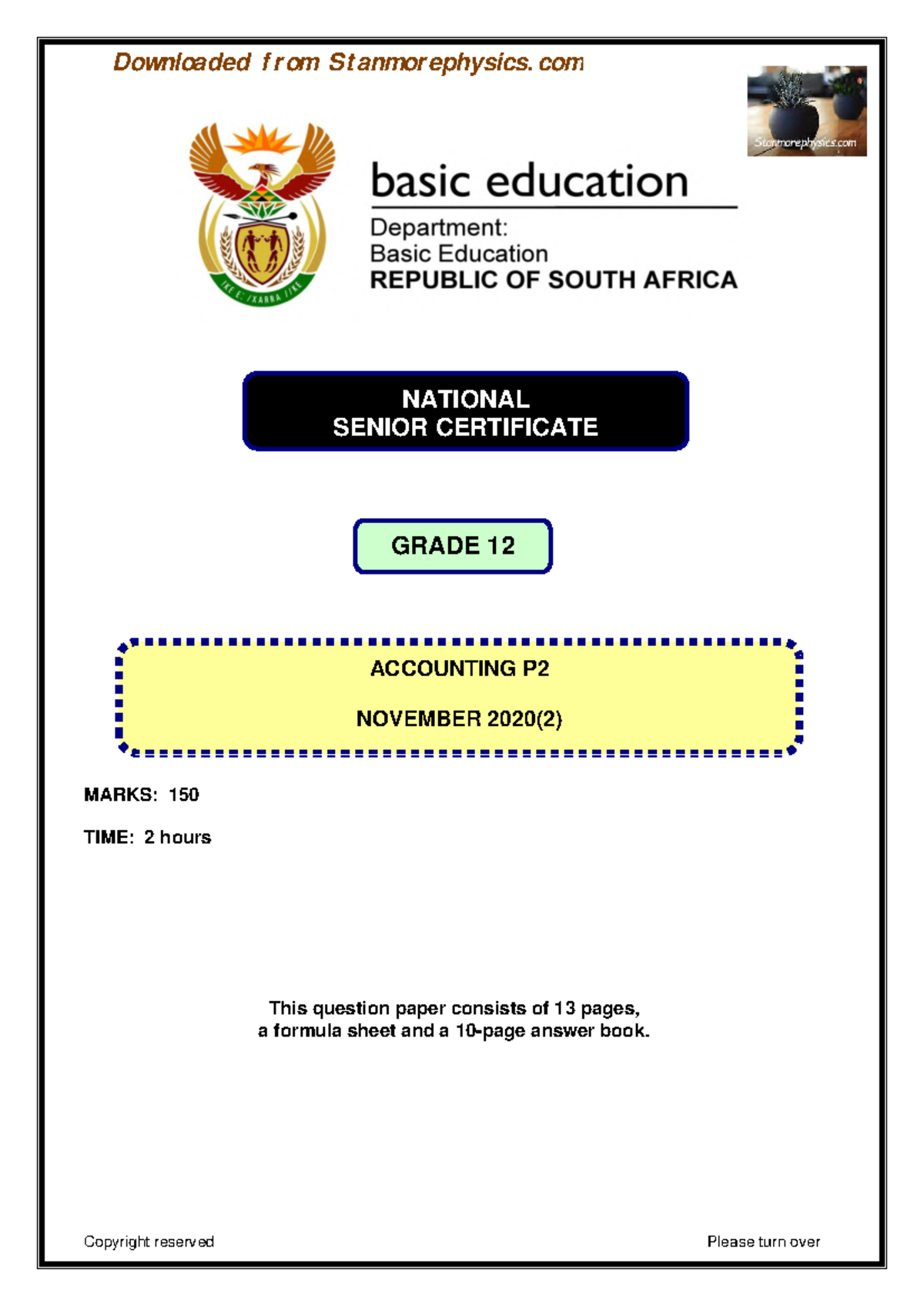 Accounting Grade 12 NOV 2020 P2 and Memo - MARKS: 150 TIME: 2 hours ...