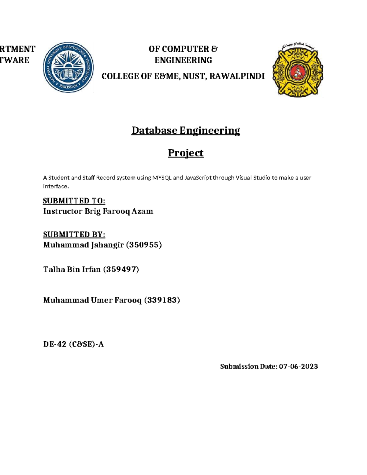 DB Project - OF COMPUTER & ENGINEERING COLLEGE OF E&ME, NUST ...