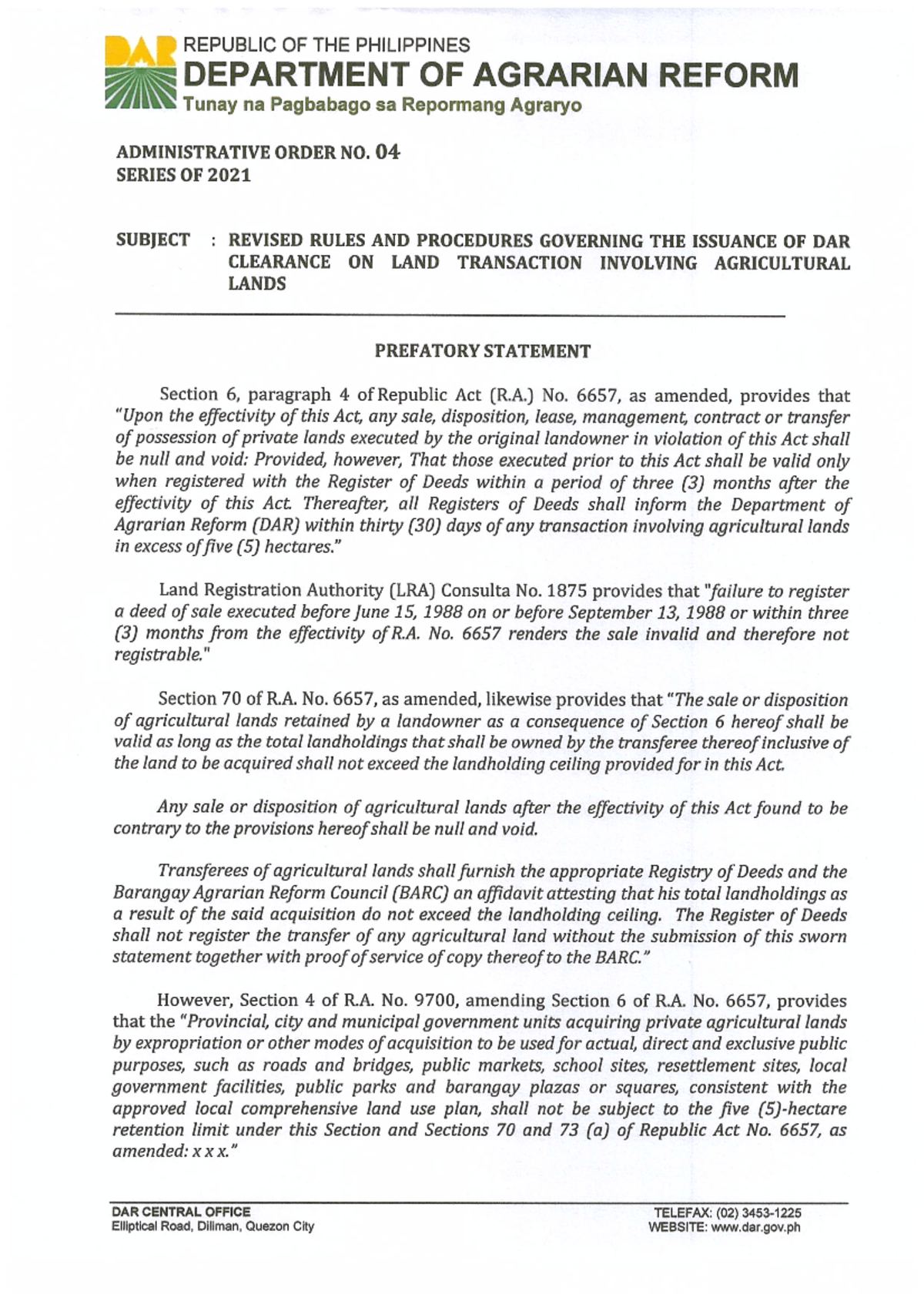 DAR Administrative Order No 04 Series of 2021 - Bachelor of Elementary ...