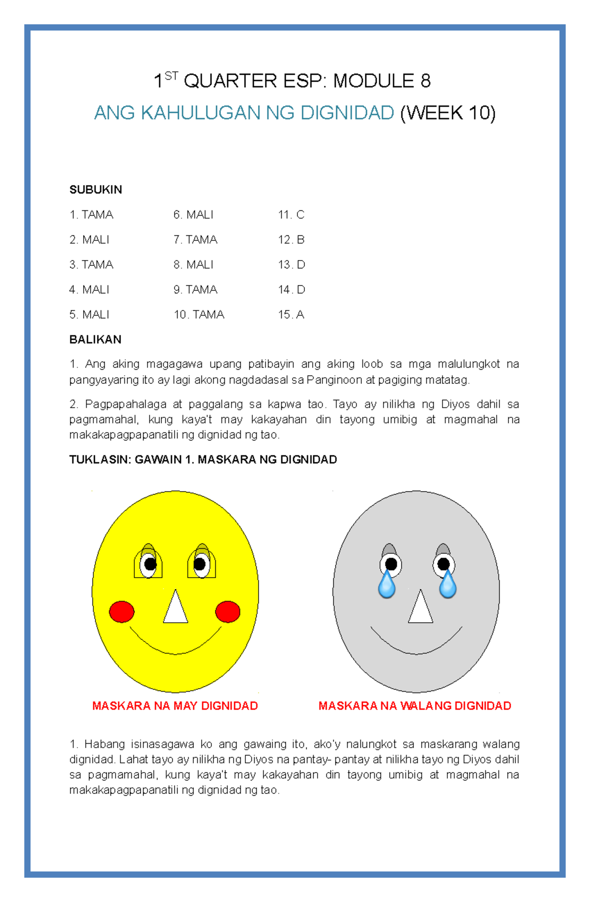 1ST Quarter ESP Module 8 WEEK 10 - Komunikasyon Sa Akademikong Filipino ...