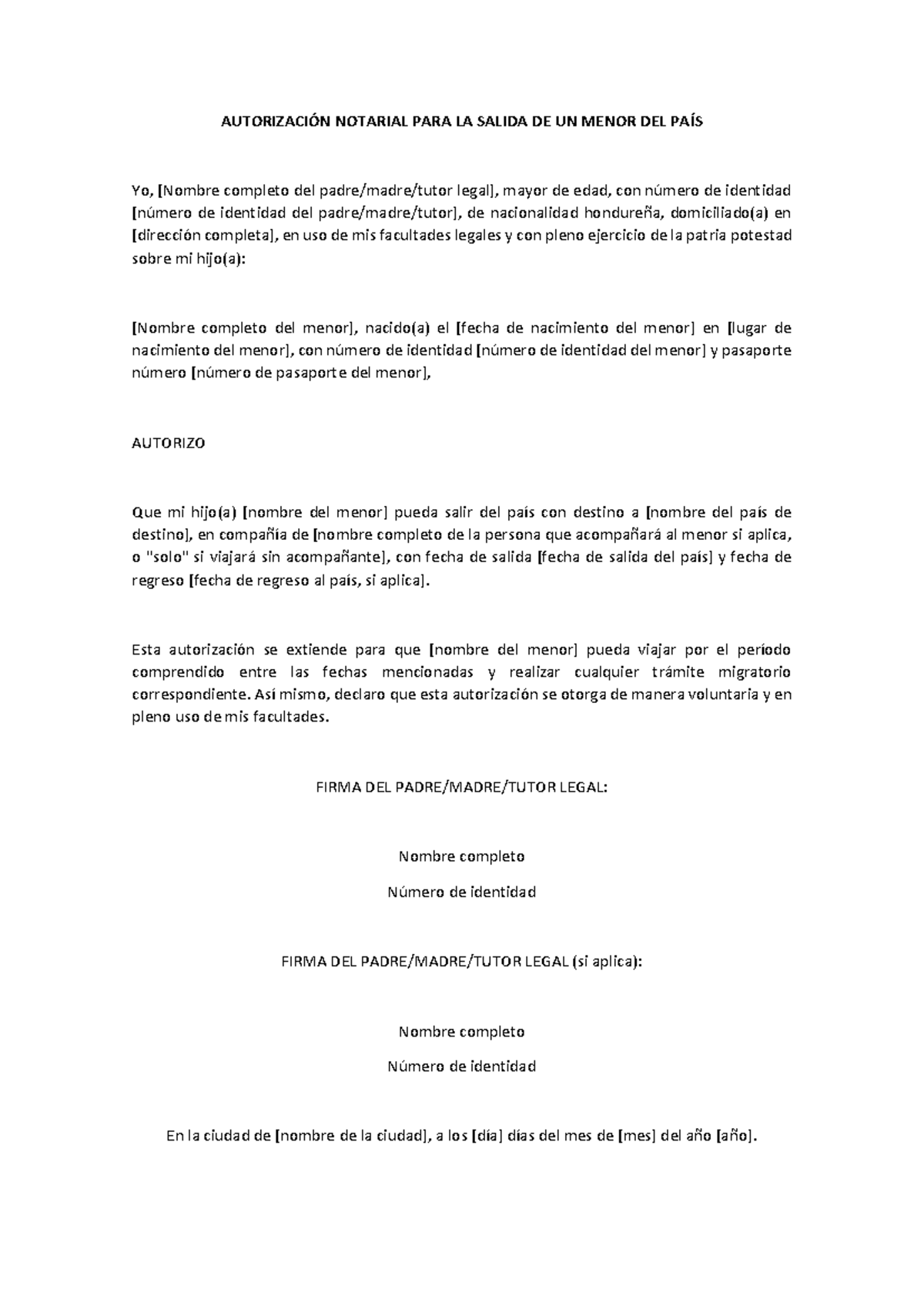 Autorización Notarial PARA LA Salida DE UN Menor DEL PAÍS ...