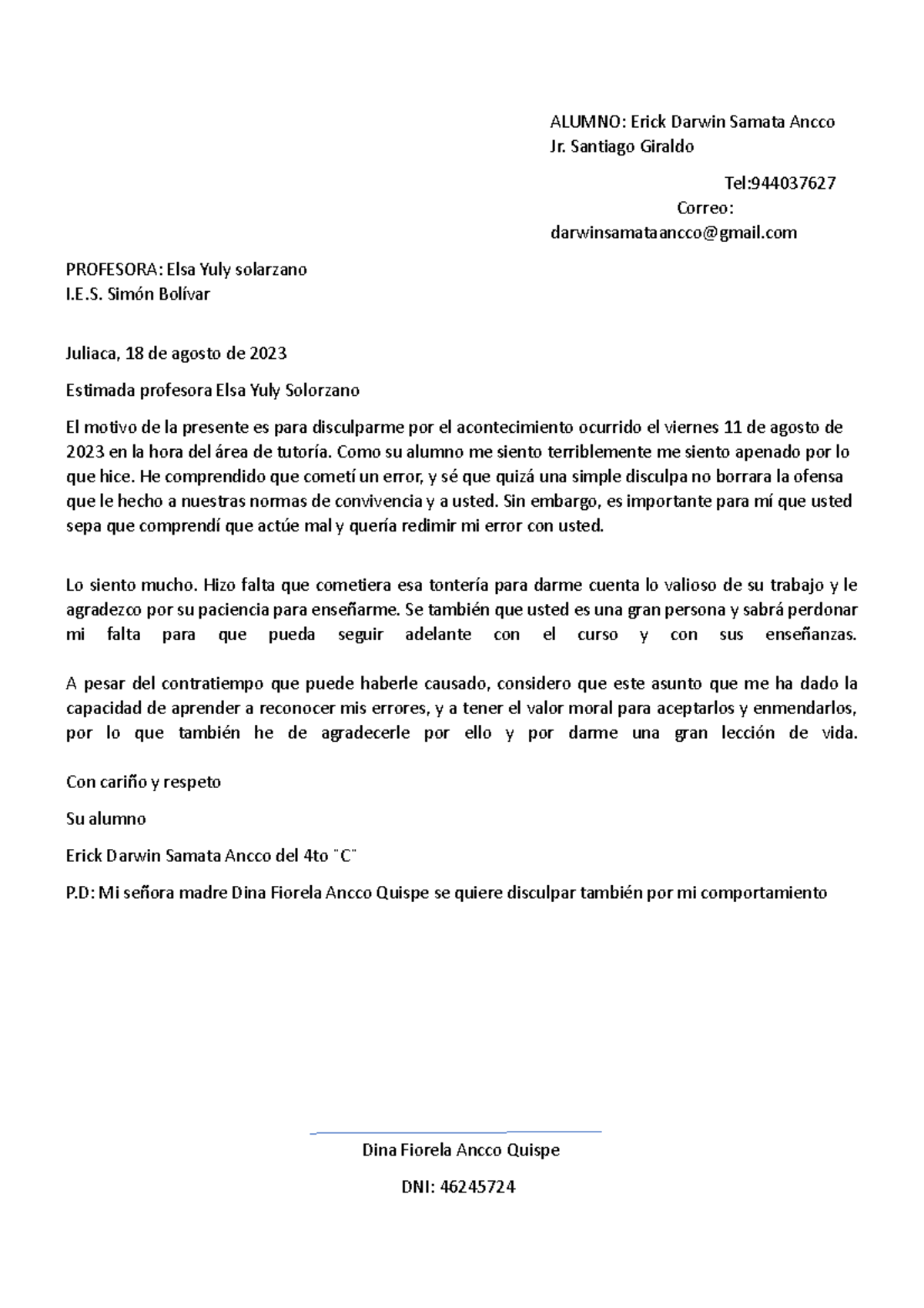 Carta De Disculpa Formal