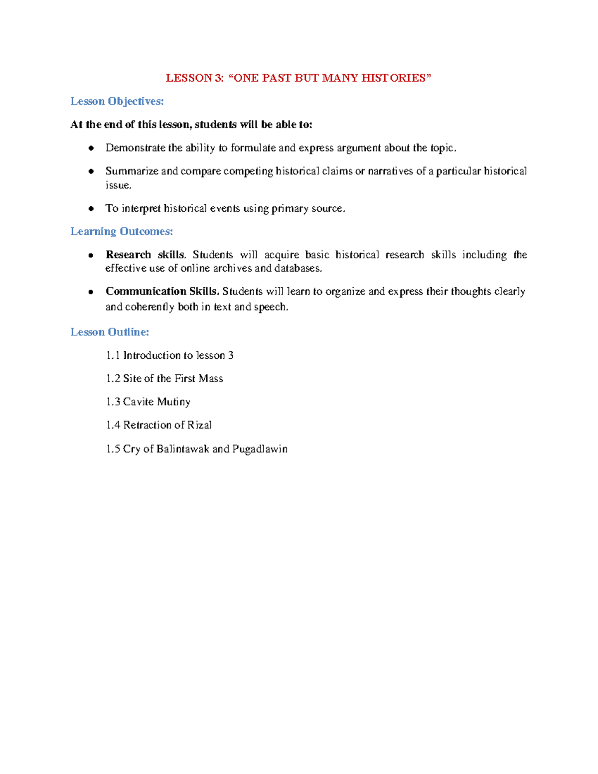 Module 3 Group Activity - LESSON 3: “ONE PAST BUT MANY HISTORIES ...