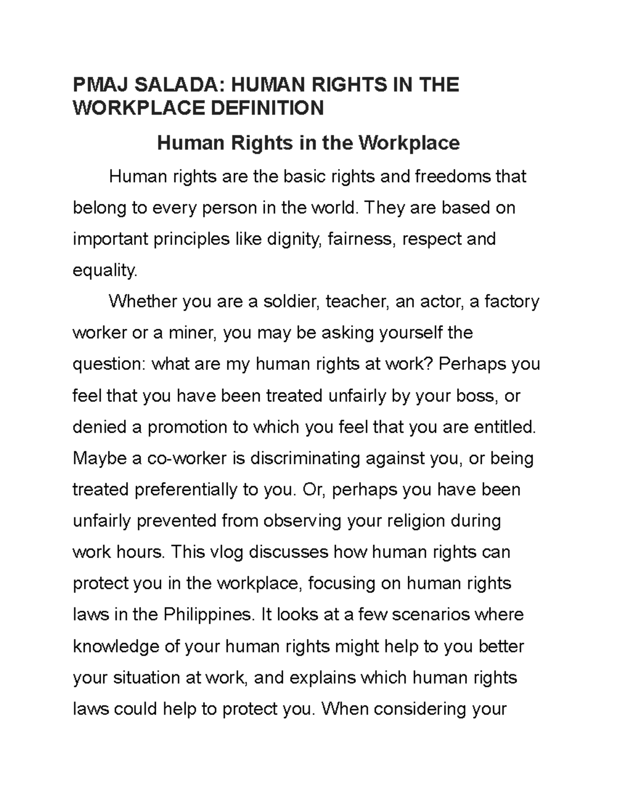 Human Rights in the Workplace Cmobc Group 3 - PMAJ SALADA: HUMAN RIGHTS ...