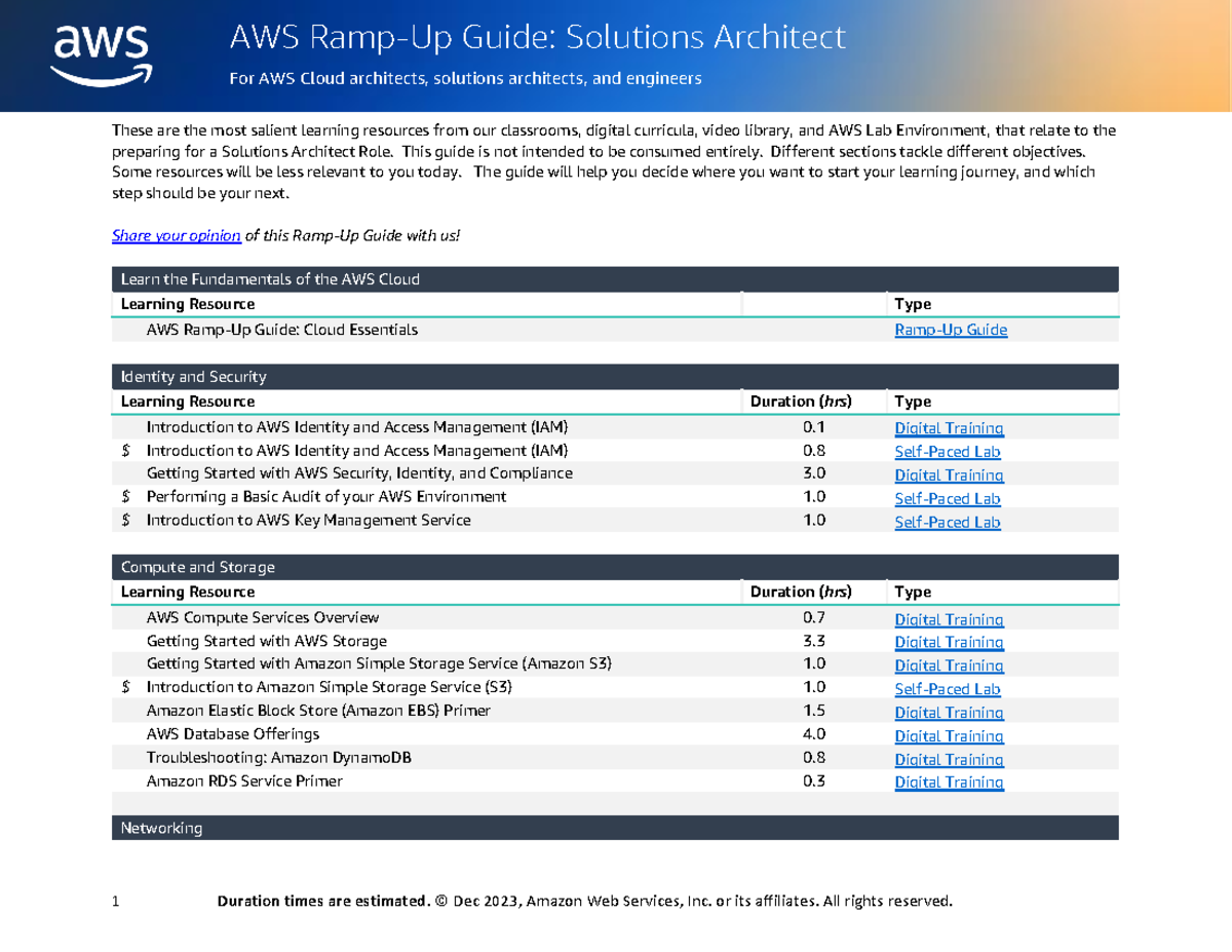 Ramp-Up Guide Architect - For AWS Cloud architects, solutions architects, and engineers These ...