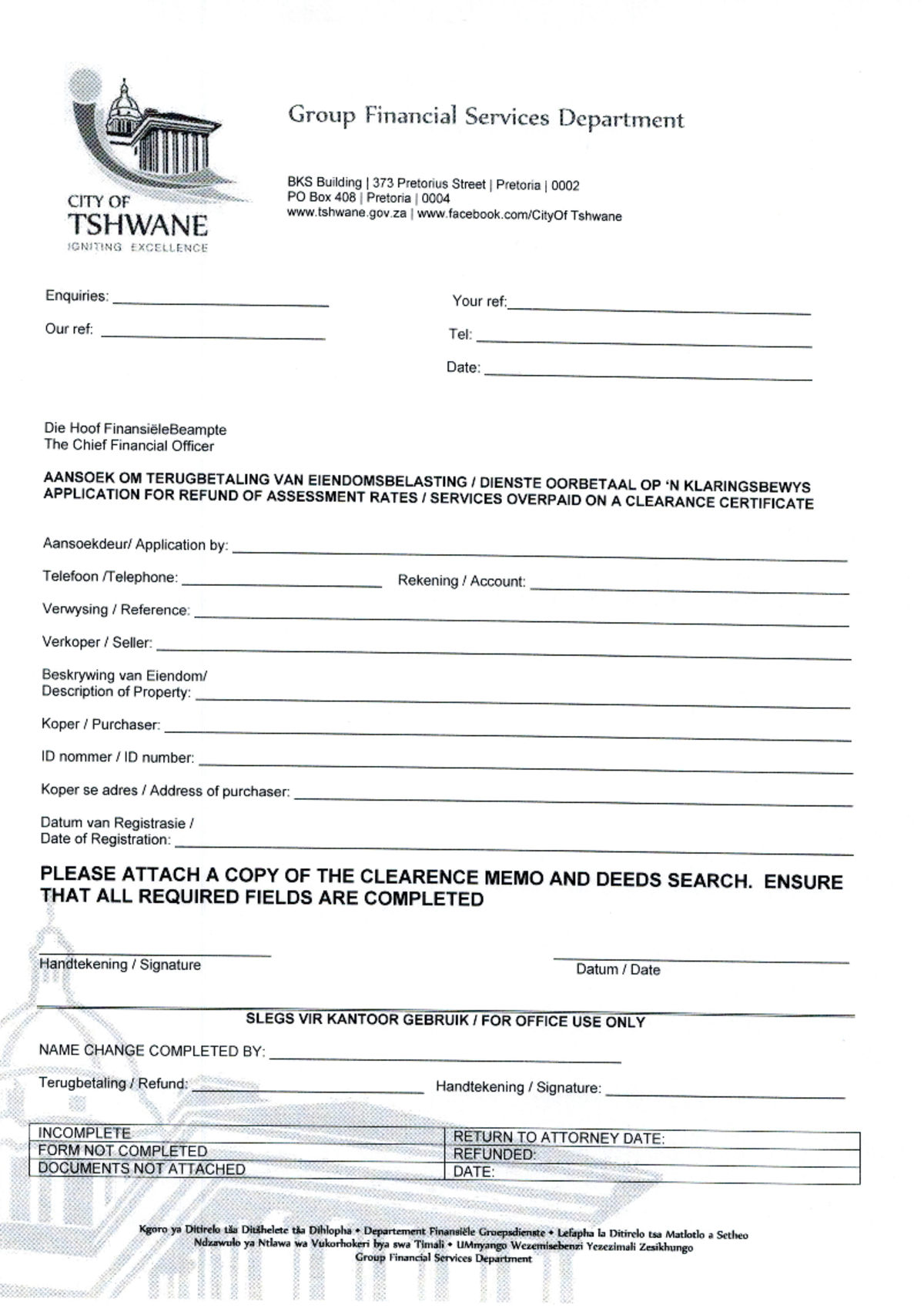 CITY OF Tshwane Application for Refund of Rates - LPL4804 - Studocu