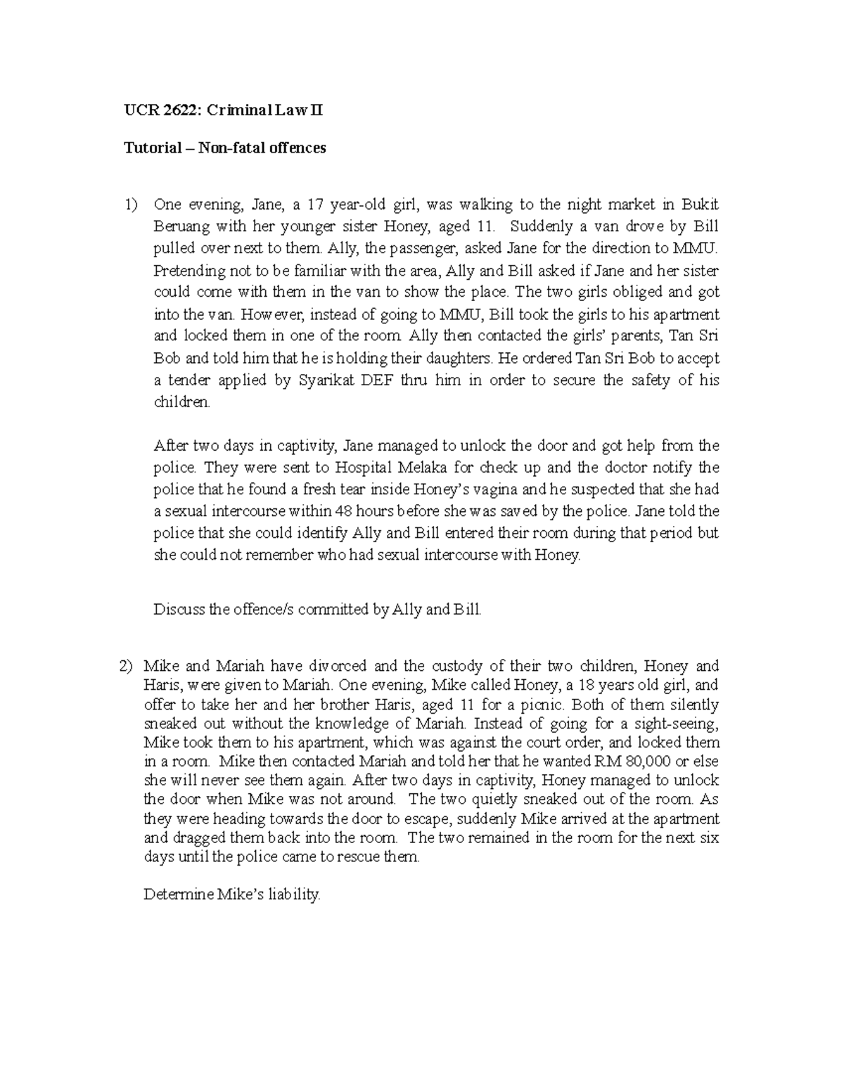 Non-fatal offences-updated - UCR 2622: Criminal Law II Tutorial – Non ...