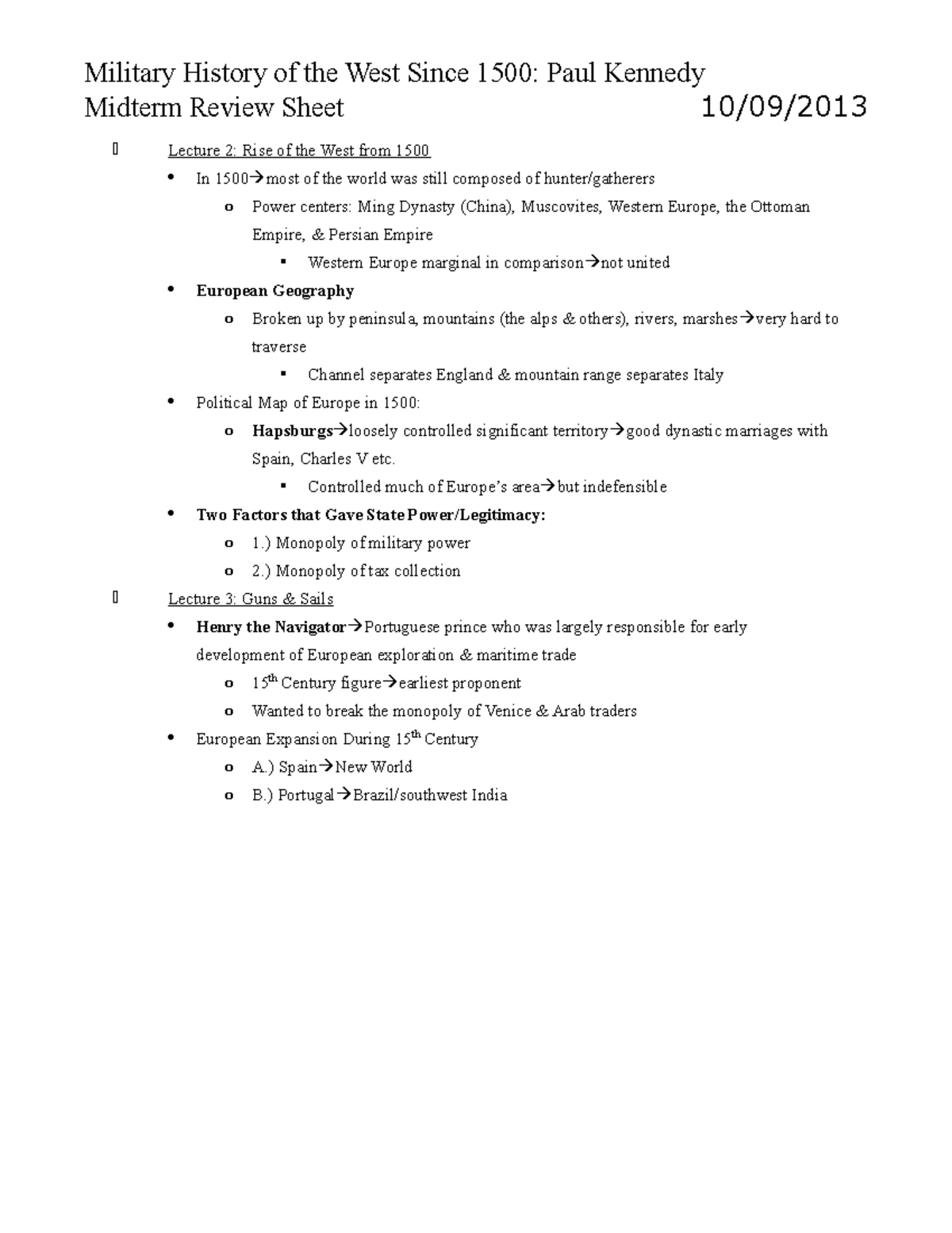 Military History Midterm Review Sheet - Military History of the West ...